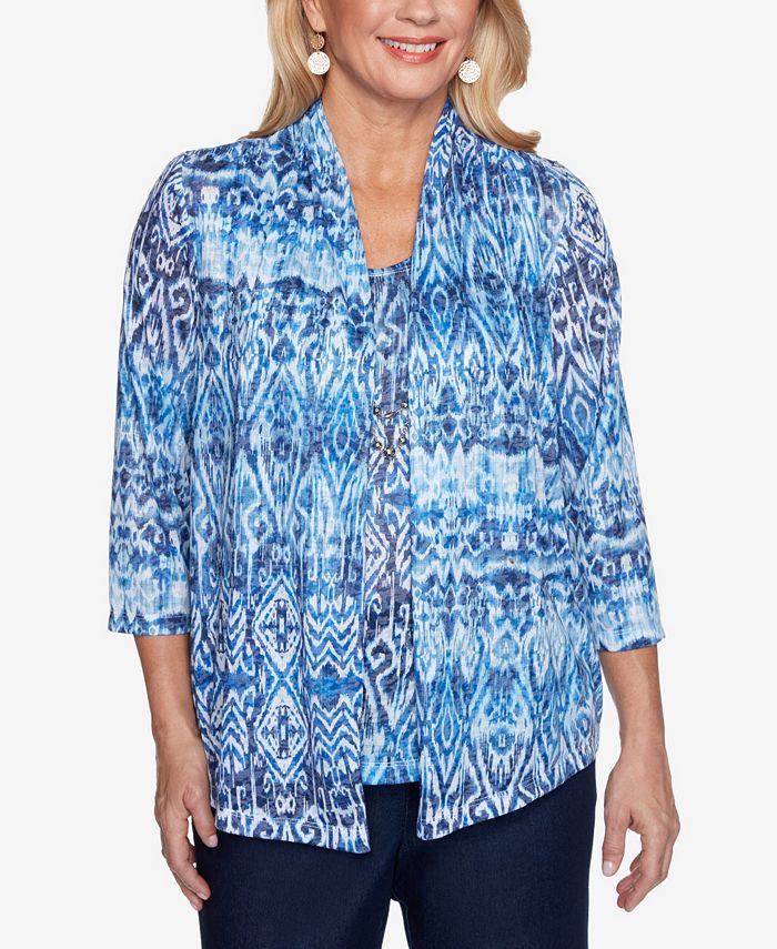 Alfred Dunner Women's Missy Classics Ikat Print Burnout Two-For-One Top ...