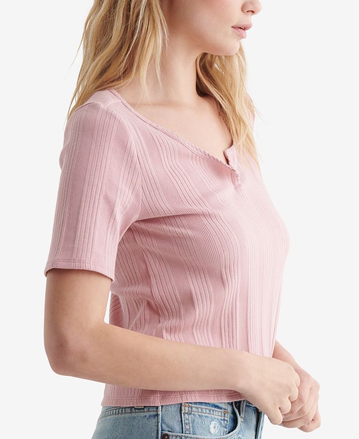 Lucky Brand Ribbed Split-Neck Top - Macy's