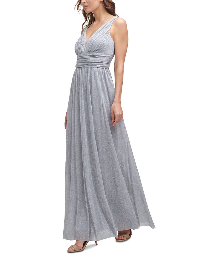 Eliza J Metallic-Threaded Mesh-Inset Gown - Macy's