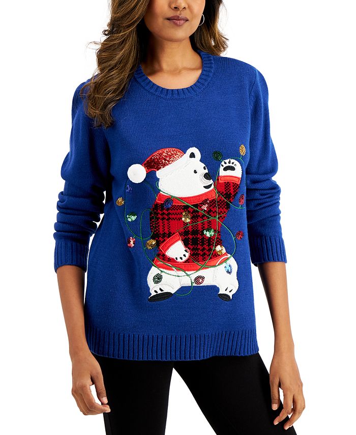 Karen Scott Petite Cotton Holiday Bear Sweater, Created for Macy's - Macy's