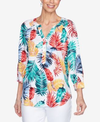 Ruby Rd. Misses Woven Leaves Linen Top - Macy's