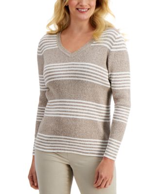 Karen Scott Claire Cotton Striped Rib V-Neck Sweater, Created for Macy ...