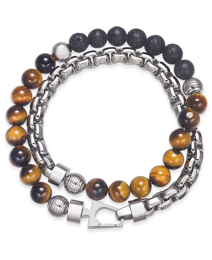 Bulova Men's Tiger's Eye & Black Lava Bead Bracelet in Stainless Steel ...