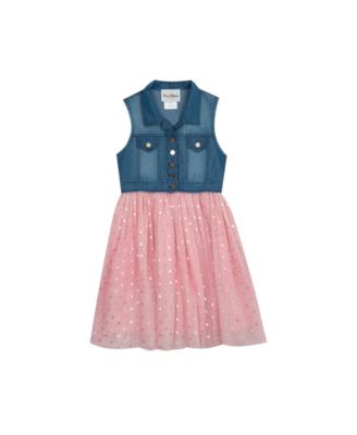 Little Girls Foil Dot Mesh Dress with Attached Denim Vest - Macy's