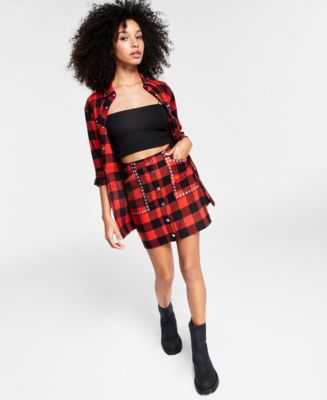 Bar III Buffalo Plaid Studded Mini Skirt, Created for Macy's - Macy's