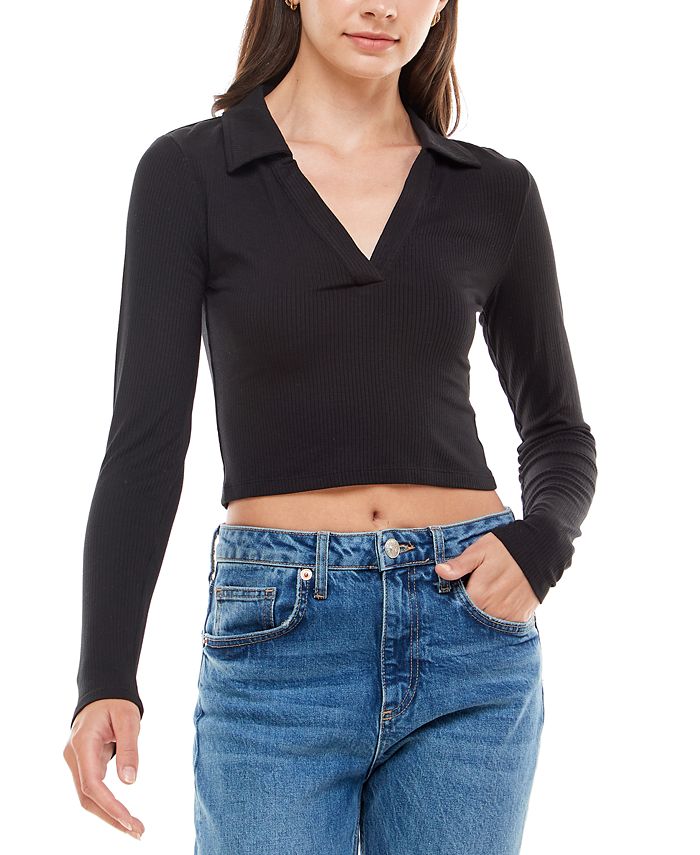Almost Famous Juniors' Cropped Long-Sleeve Polo Top - Macy's