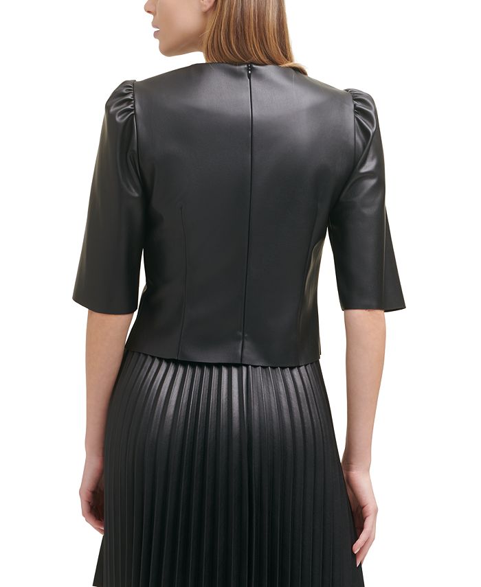DKNY Faux Leather Puff Sleeve Top - Macy's