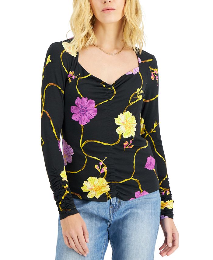 INC International Concepts Floral-Print Ruched-Front Top, Created for ...