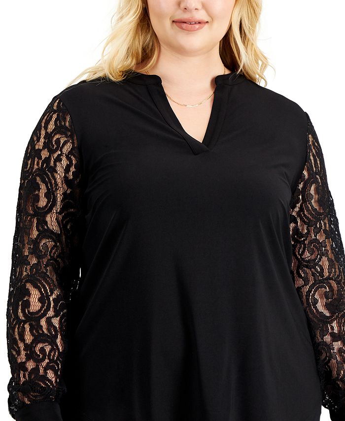 Kasper Plus Size Lace-Sleeve Split-Neck Top - Macy's