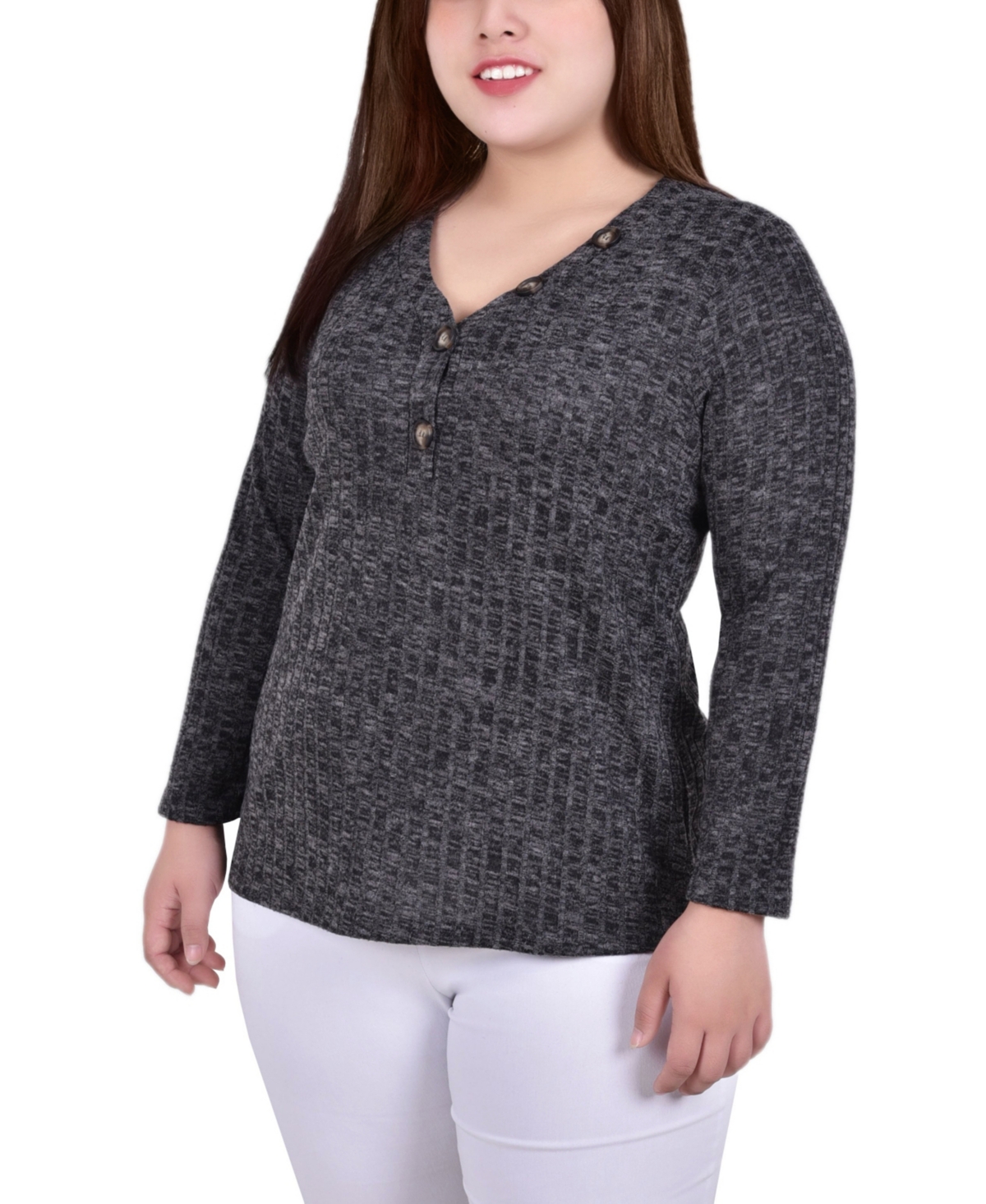 Click here for Plus Size Long Sleeve Ribbed Henley - Lt Charcoal prices