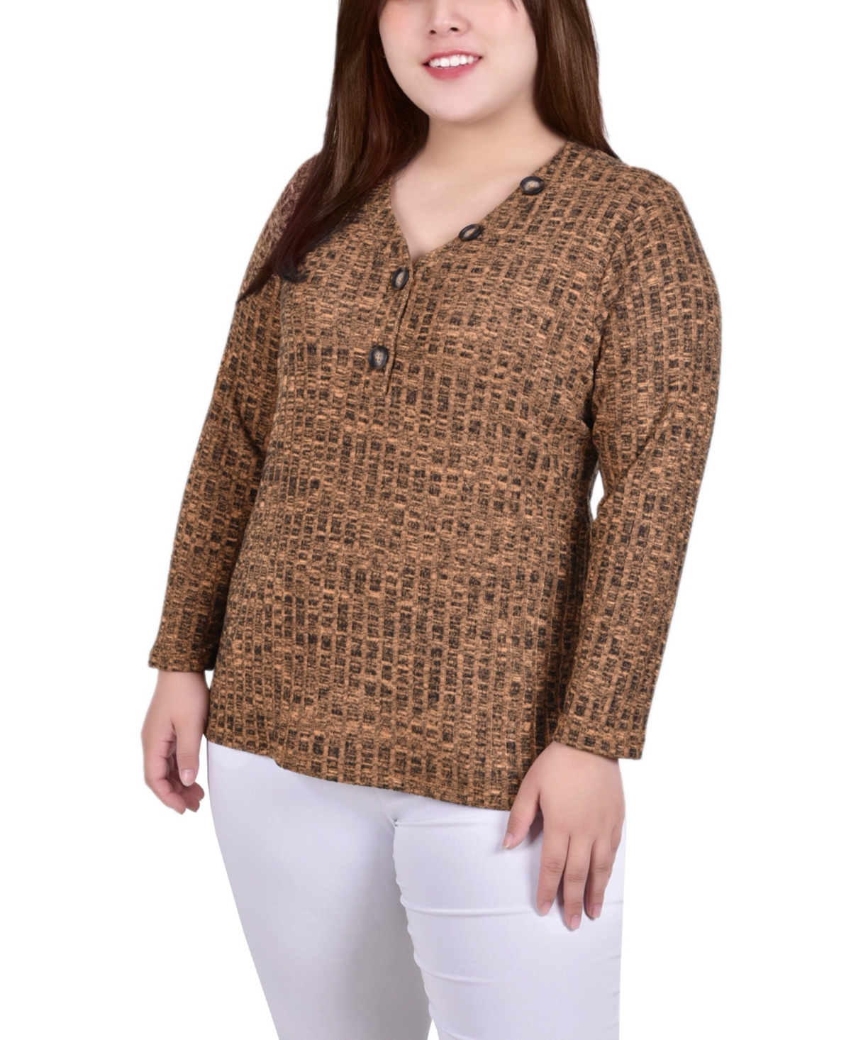 Click here for Plus Size Long Sleeve Ribbed Henley - Mustard prices