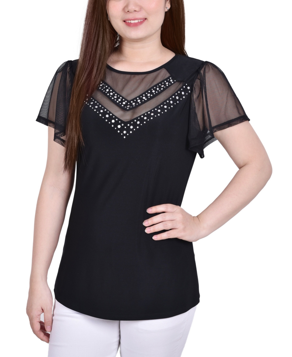 Click here for Petite Studded Short Flutter Sleeve Top - Black prices