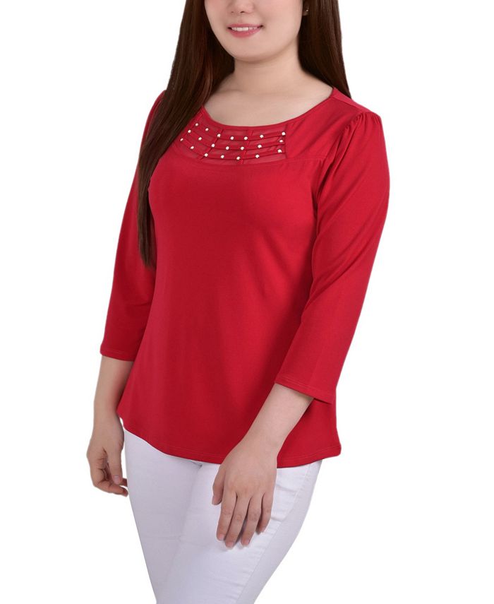 NY Collection Petite 3/4 Sleeve Crepe Knit Top - Macy's
