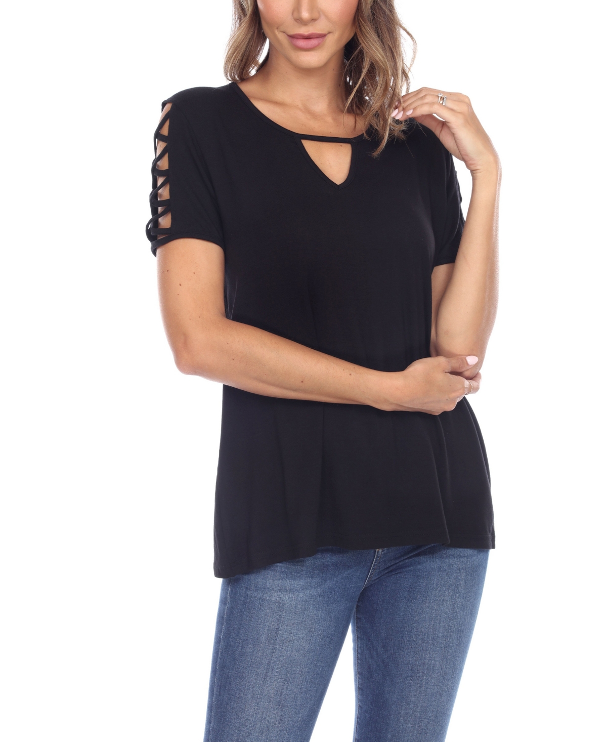 Womens Keyhole Neck Cutout Short Sleeve Top - Black