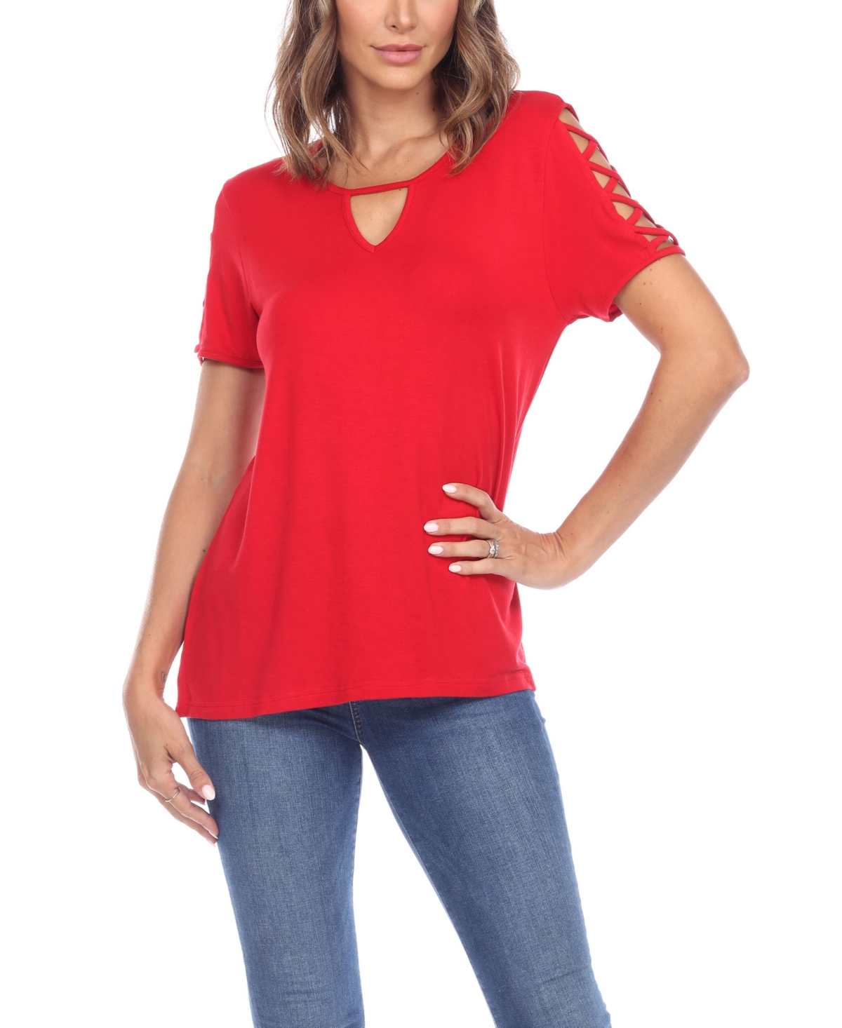 Click here for Womens Keyhole Neck Cutout Short Sleeve Top - Red prices