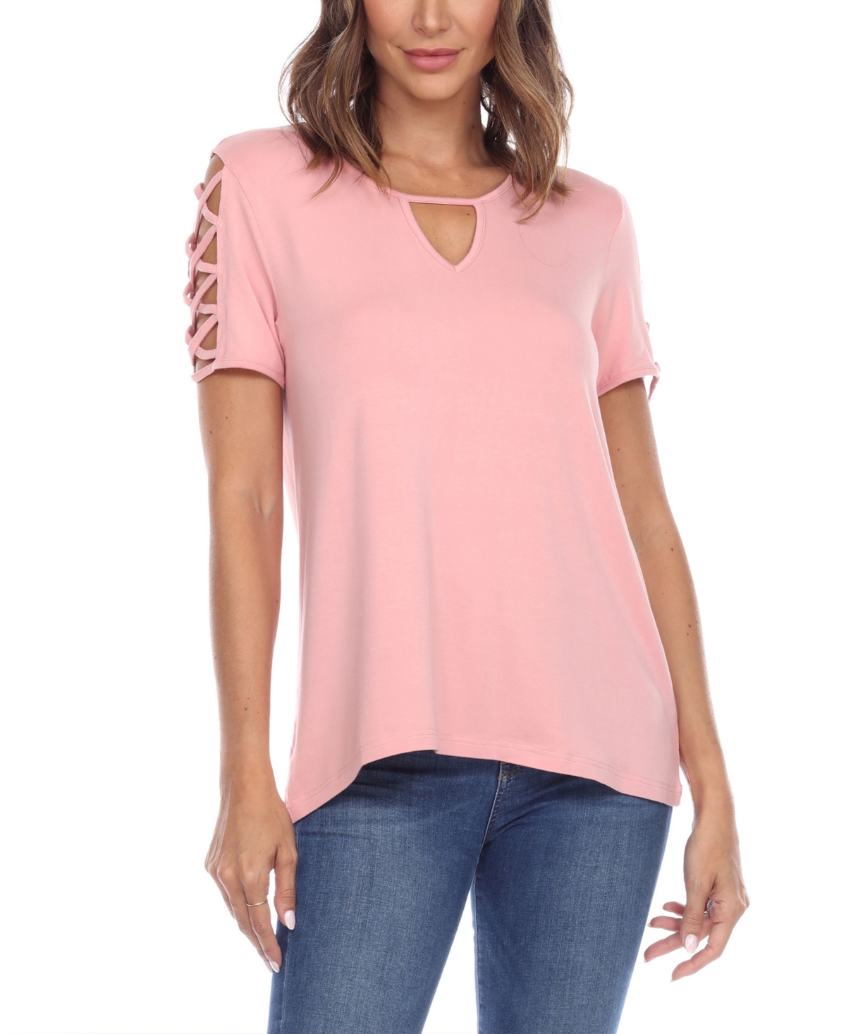 Click here for Womens Keyhole Neck Cutout Short Sleeve Top - Rose prices