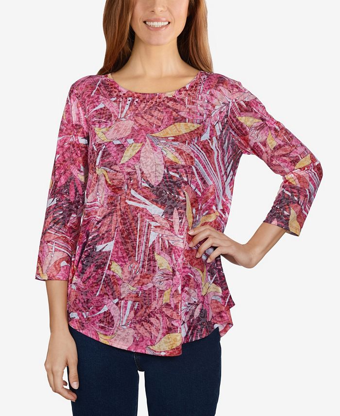 Ruby Rd. Misses Embellished Textured Floral Burnout Top - Macy's