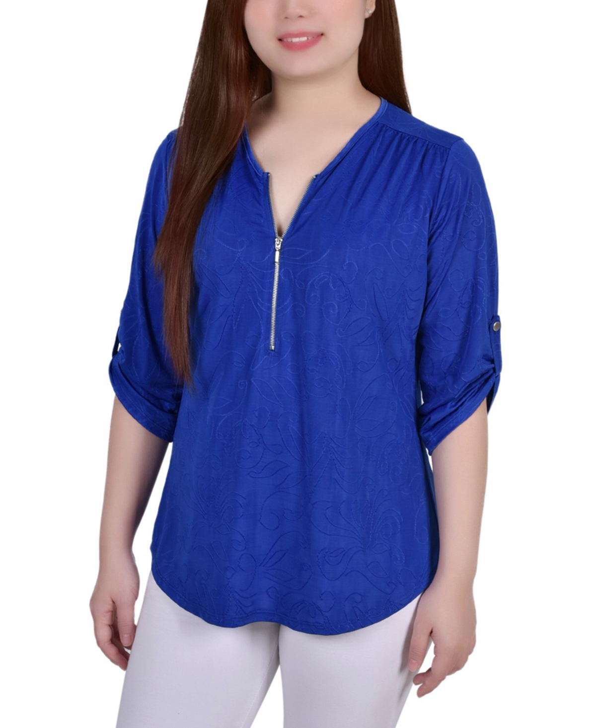 Click here for Petite 3/4 Roll Tab Zip Front Jacquard Knit Top -... prices