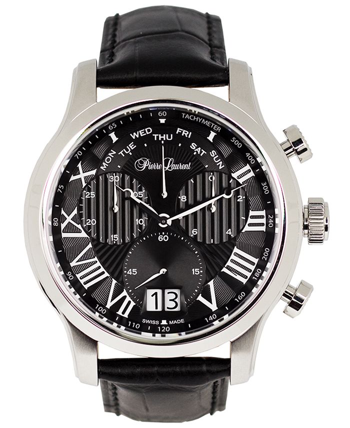 Pierre Laurent Men's Swiss Chronograph Black Leather Strap Watch 46mm ...