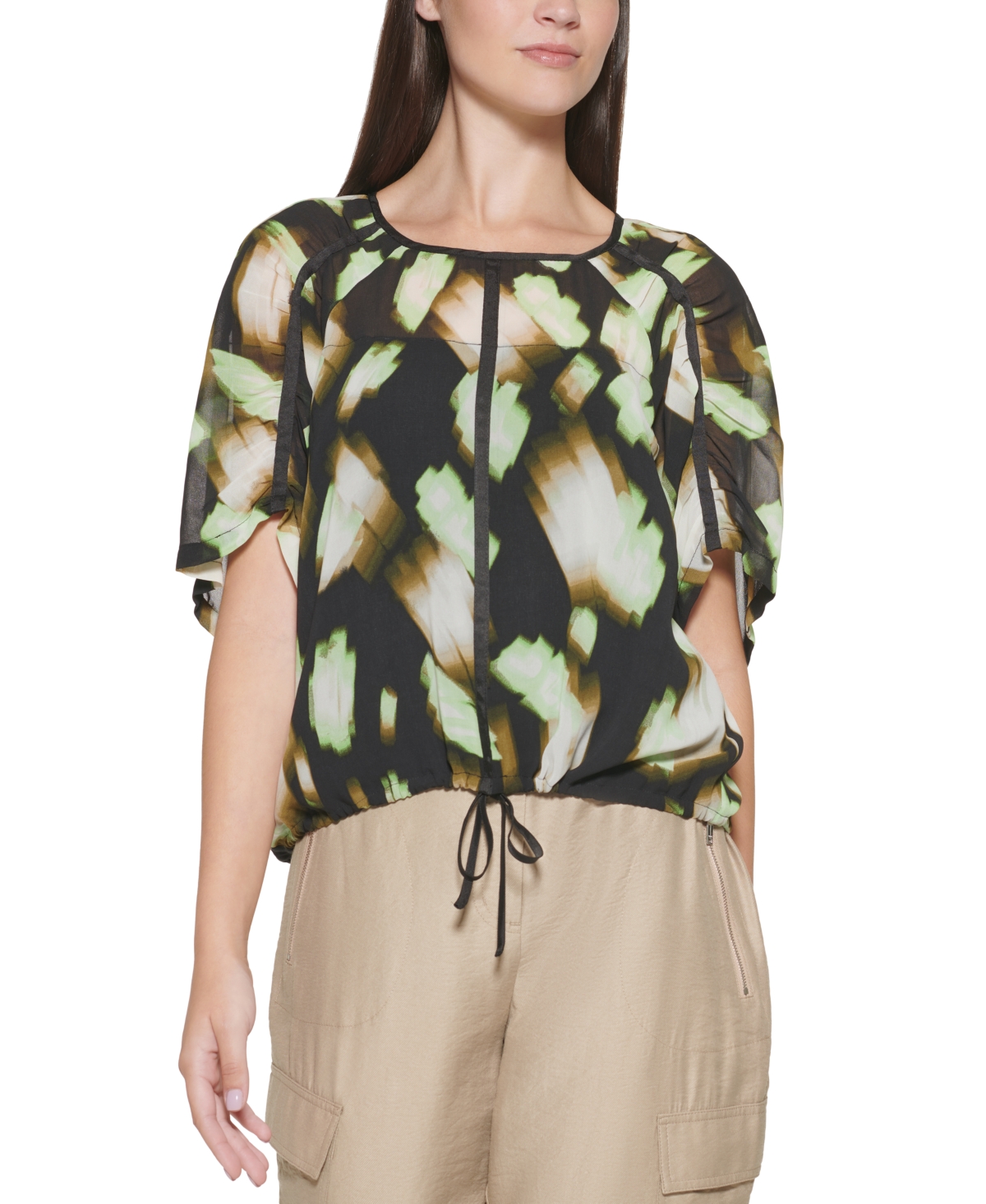 Dkny Ruched-sleeve Top In Black Lazer Ivory Multi | ModeSens