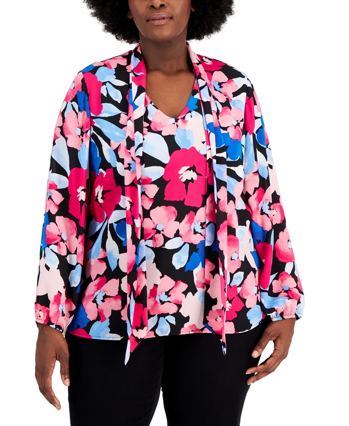 Kasper Printed Tie-neck Long-sleeve Top In Pink Perfection | ModeSens