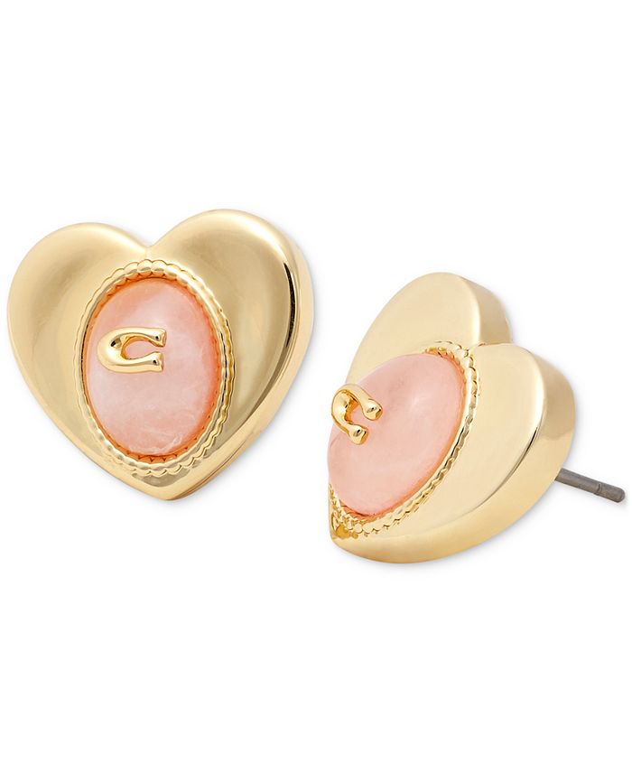 COACH Gold-Tone Signature C Gemstone Heart Stud Earrings - Macy's
