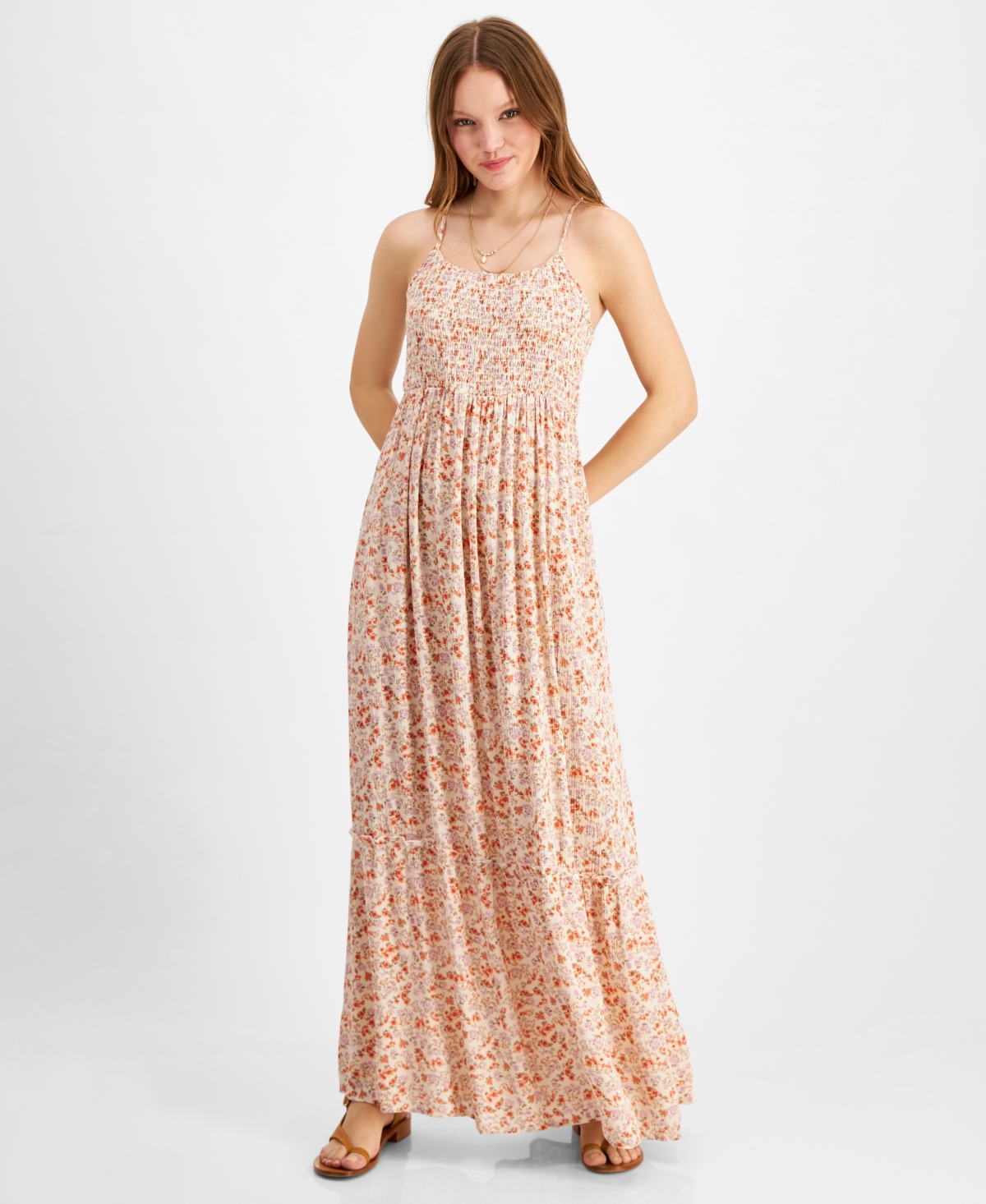 Hippie Rose Juniors' Smocked Tiered Maxi Dress In Stone Floral | ModeSens
