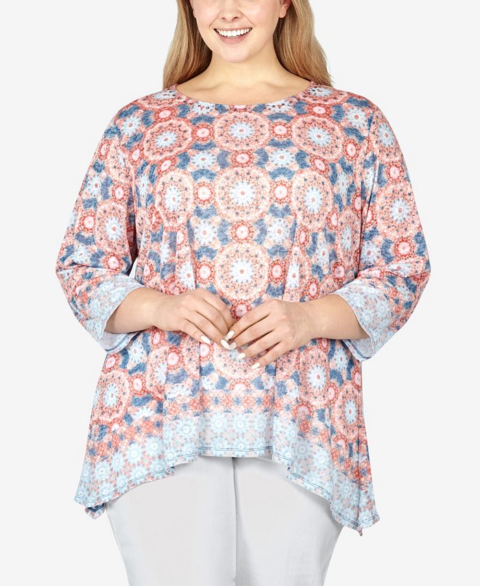 Ruby Rd. Plus Size Embellished Kaleidoscope Border Print Burnout Top ...