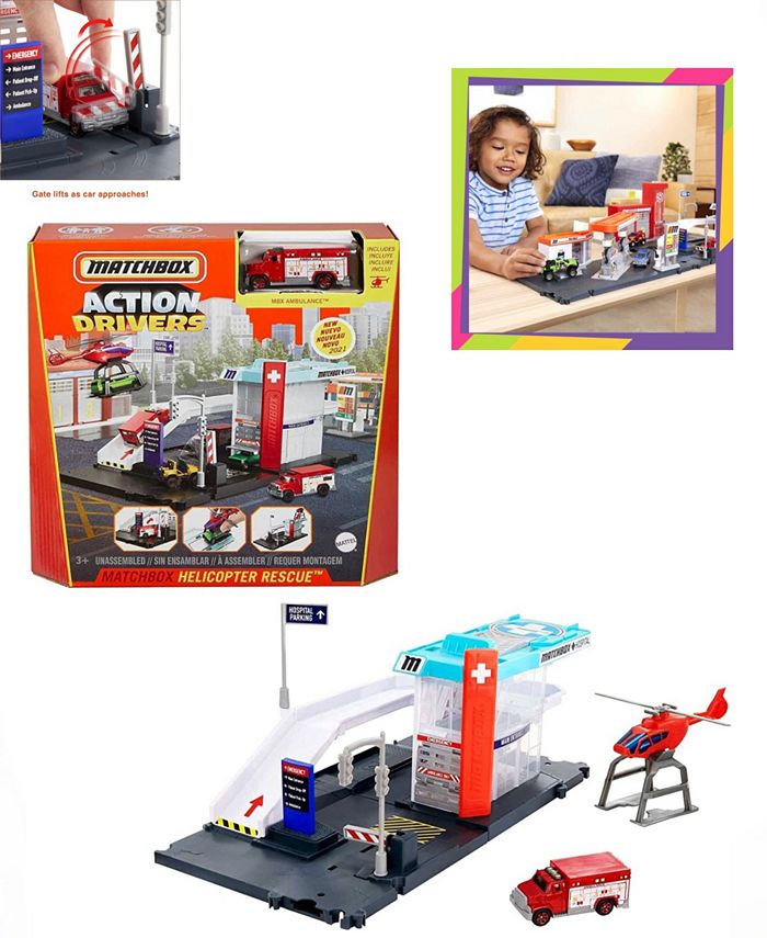 Mattel Matchbox Toy Car with Action Rescue Helicopter Station Play Set ...