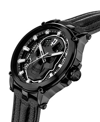 Police Men's Signature Skull Black Leather Strap Watch 47mm - Macy's
