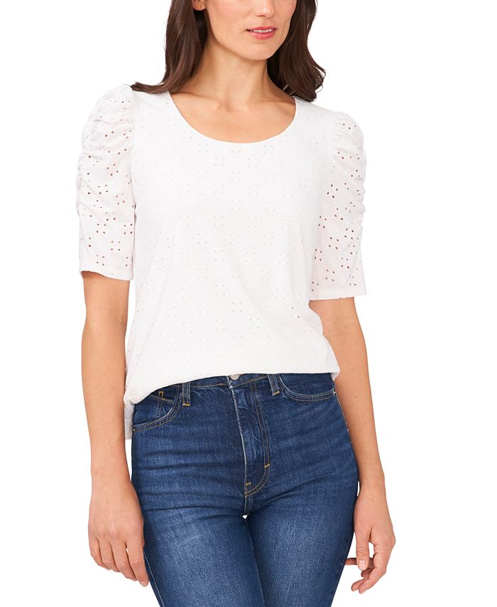 CeCe Women's Short Sleeve Eyelet-Embroidered Knit Top - Macy's