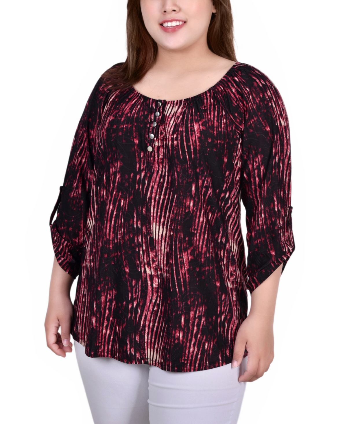 Click here for Plus Size 3/4 Push Tab Round Neck Henley Top - Red... prices