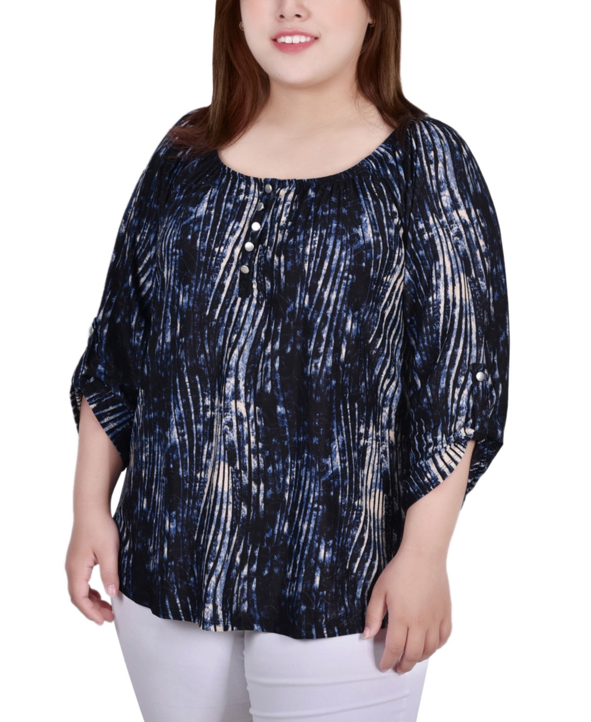 Plus Size 3/4 Push Tab Round Neck Henley Top - Denim Swirlbreeze