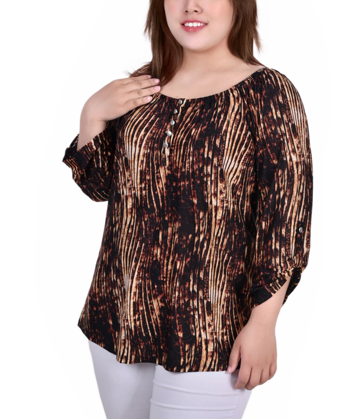 Click here for Plus Size 3/4 Push Tab Round Neck Henley Top - Bro... prices