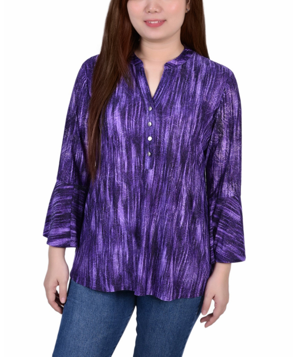 Click here for Womens 3/4 Bell Sleeve Pleat Front Y-neck Top - Pu... prices