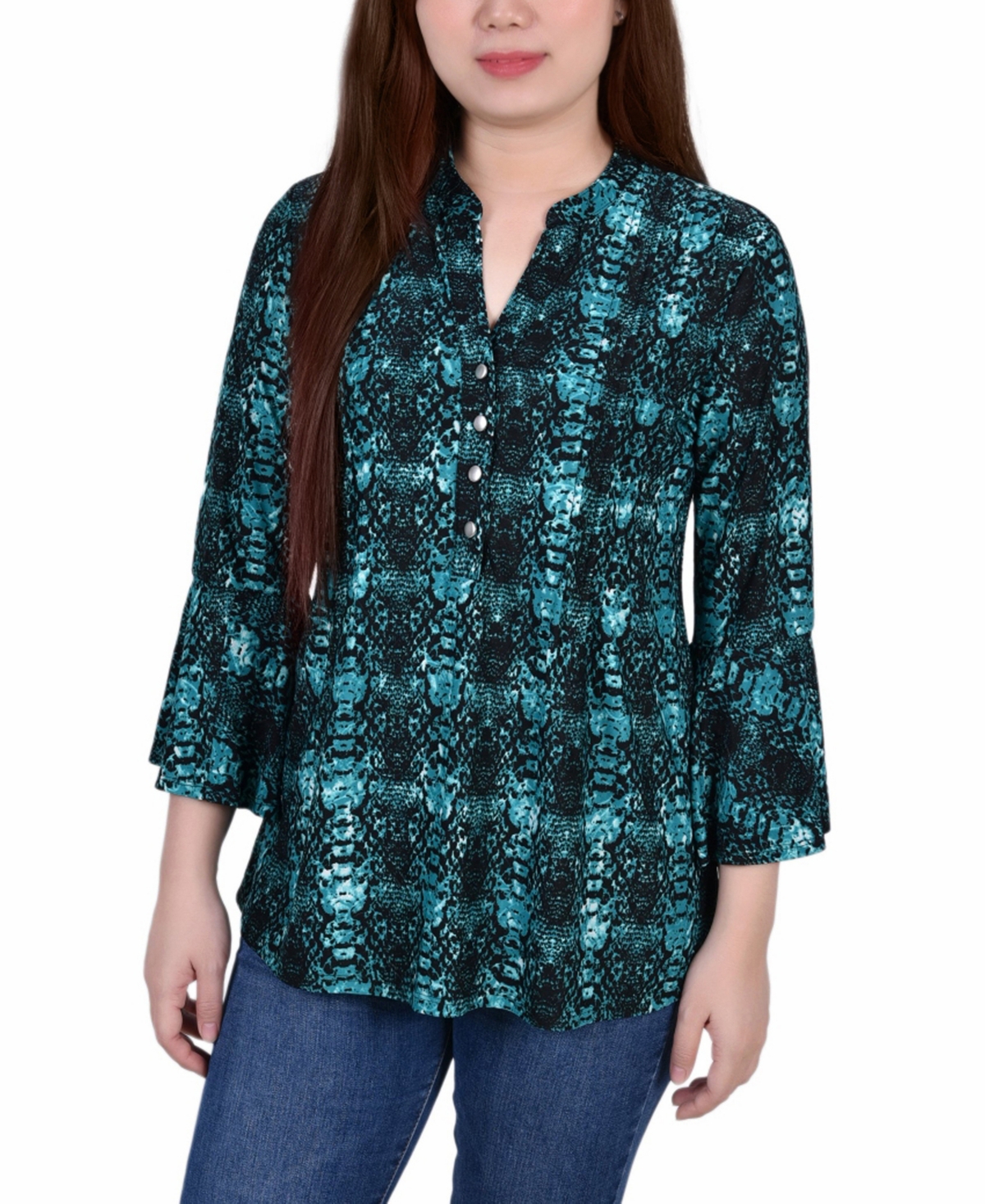 Click here for Womens 3/4 Bell Sleeve Pleat Front Y-neck Top - Te... prices