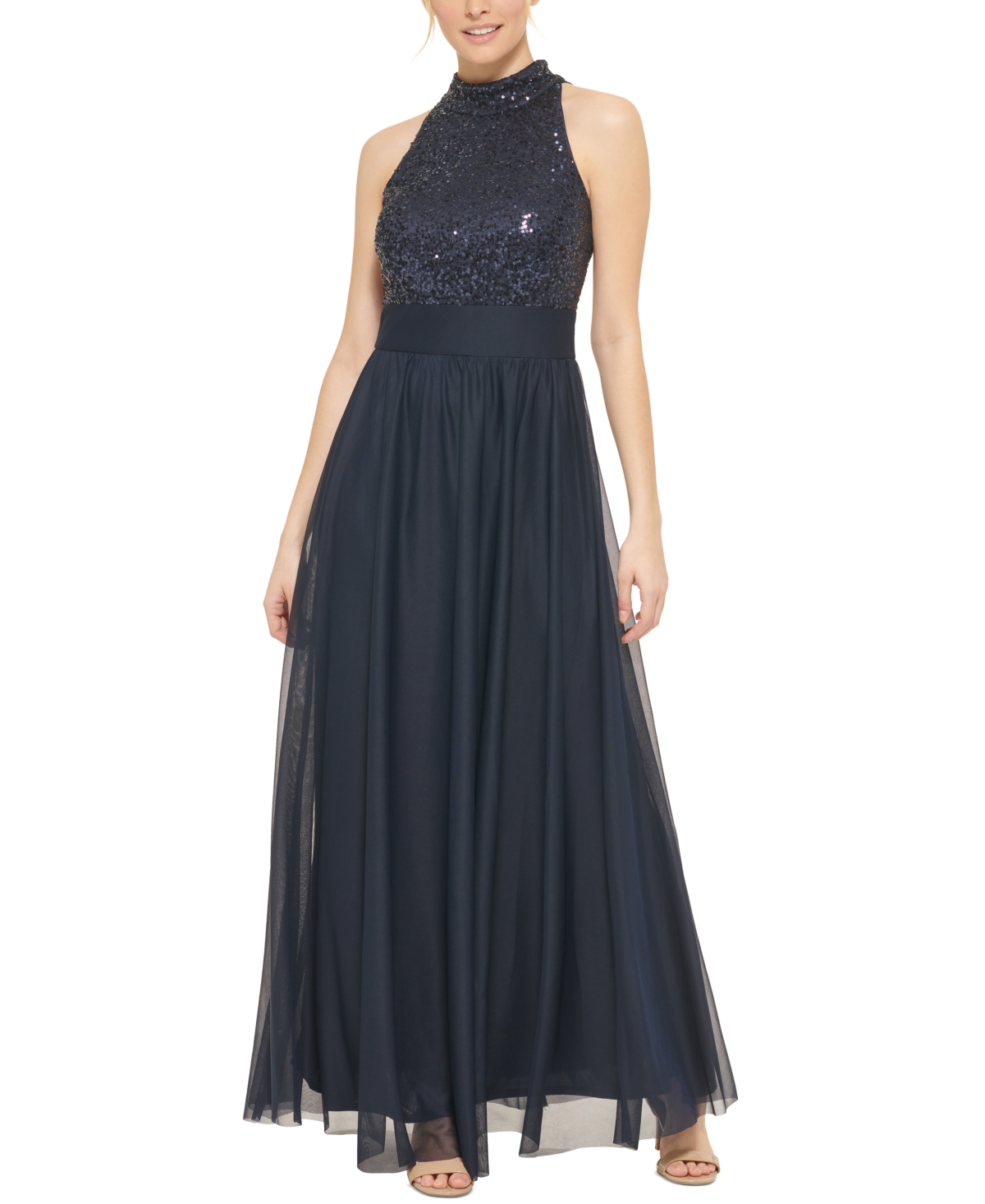 Jessica Howard Mock-neck Sequin-top Gown In Navy | ModeSens