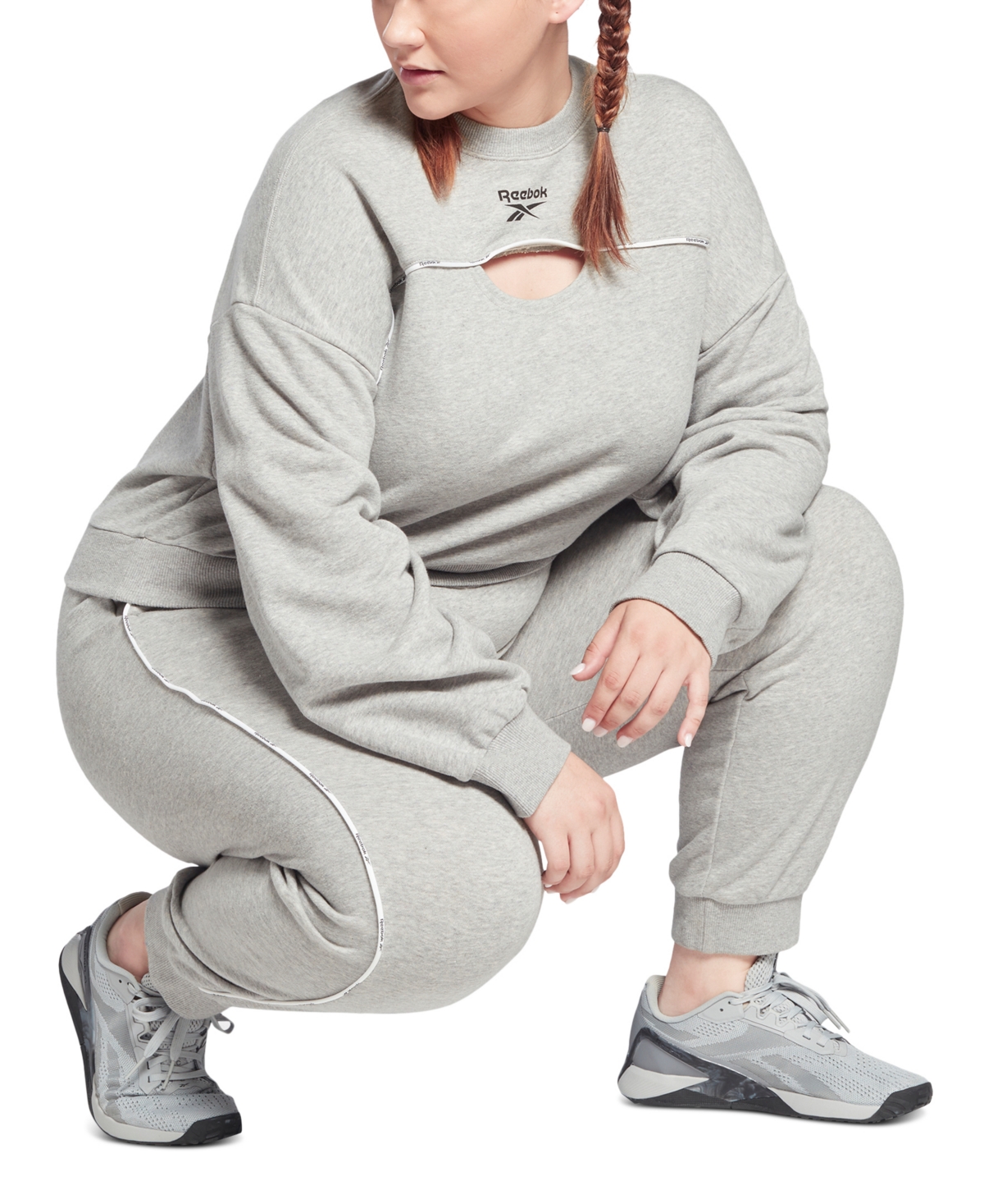 Reebok Plus Size Piping Crewneck Sweatshirt In Medium Grey Heather ...