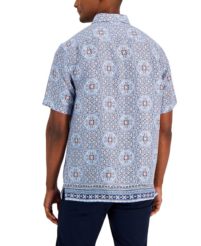 Club Room Mens Geometric Medallion 100 Linen Short Sleeve Button Up