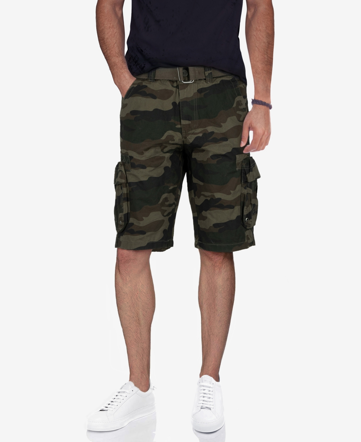 Click here for Mens Belted Double Pocket Cargo Shorts - Olive cam... prices