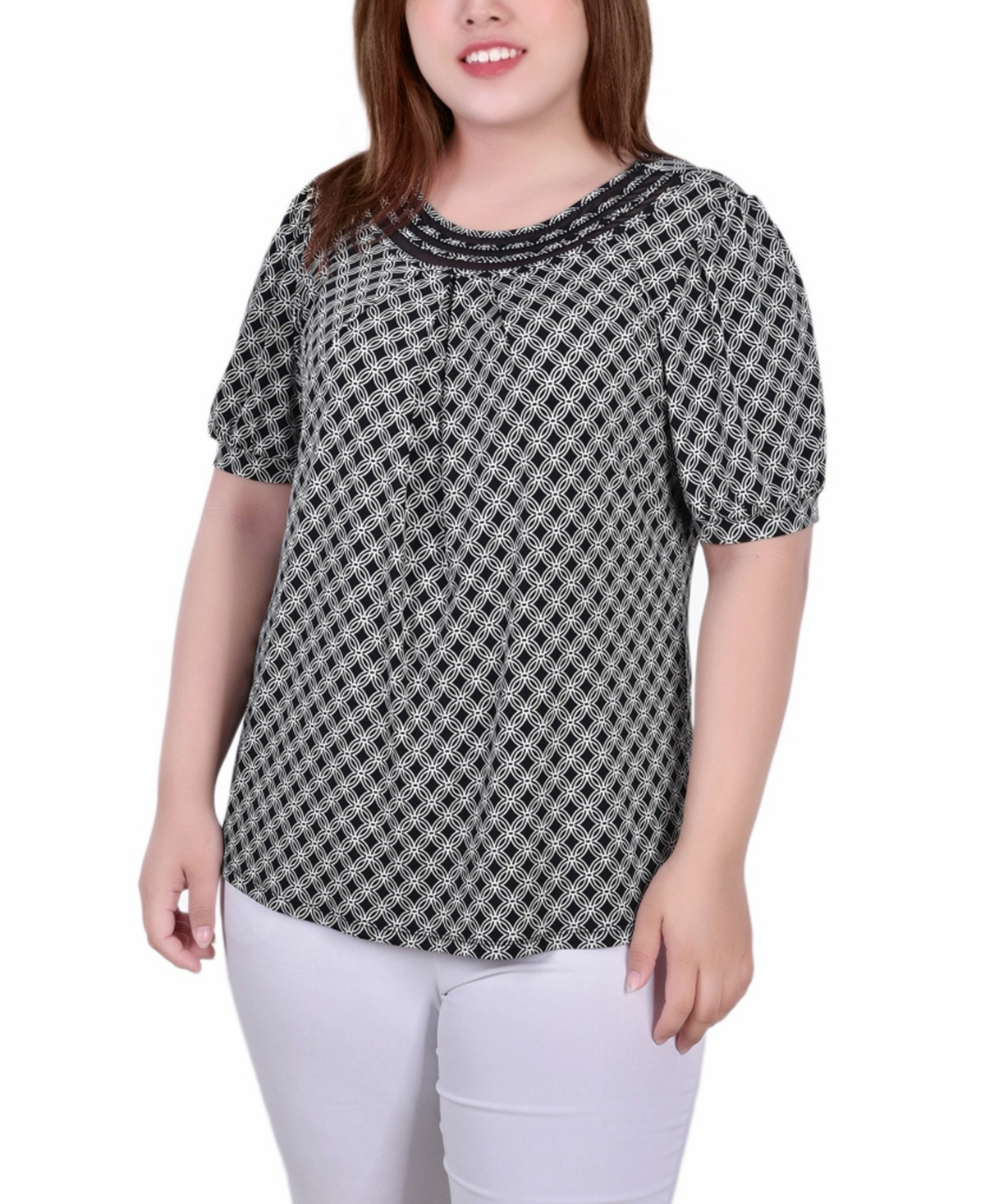 Click here for Plus Size Short Puff Sleeve Sheer Inset Top - Blac... prices