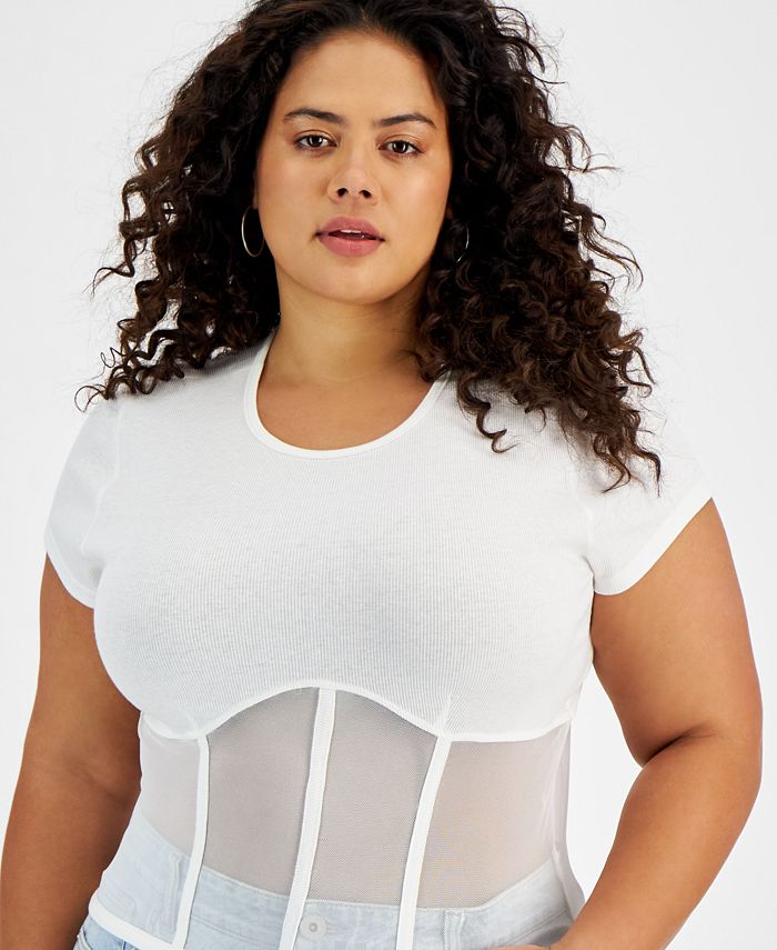 FULL CIRCLE TRENDS Trendy Plus Size Ribbed Mesh-Panel Top - Macy's