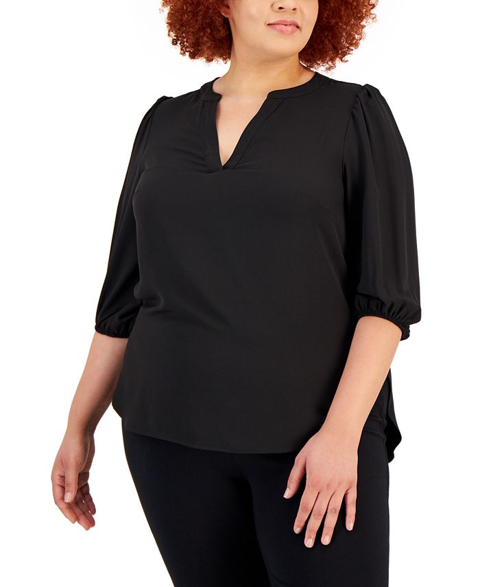 Anne Klein Plus Size Split-Neck Puff-Sleeve Top - Macy's