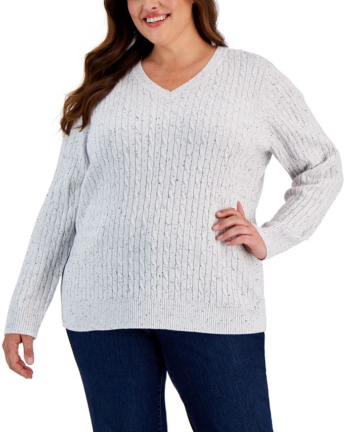 Karen Scott Plus Size Cable-Knit V-Neck Nep Sweater, Created for Macy's ...
