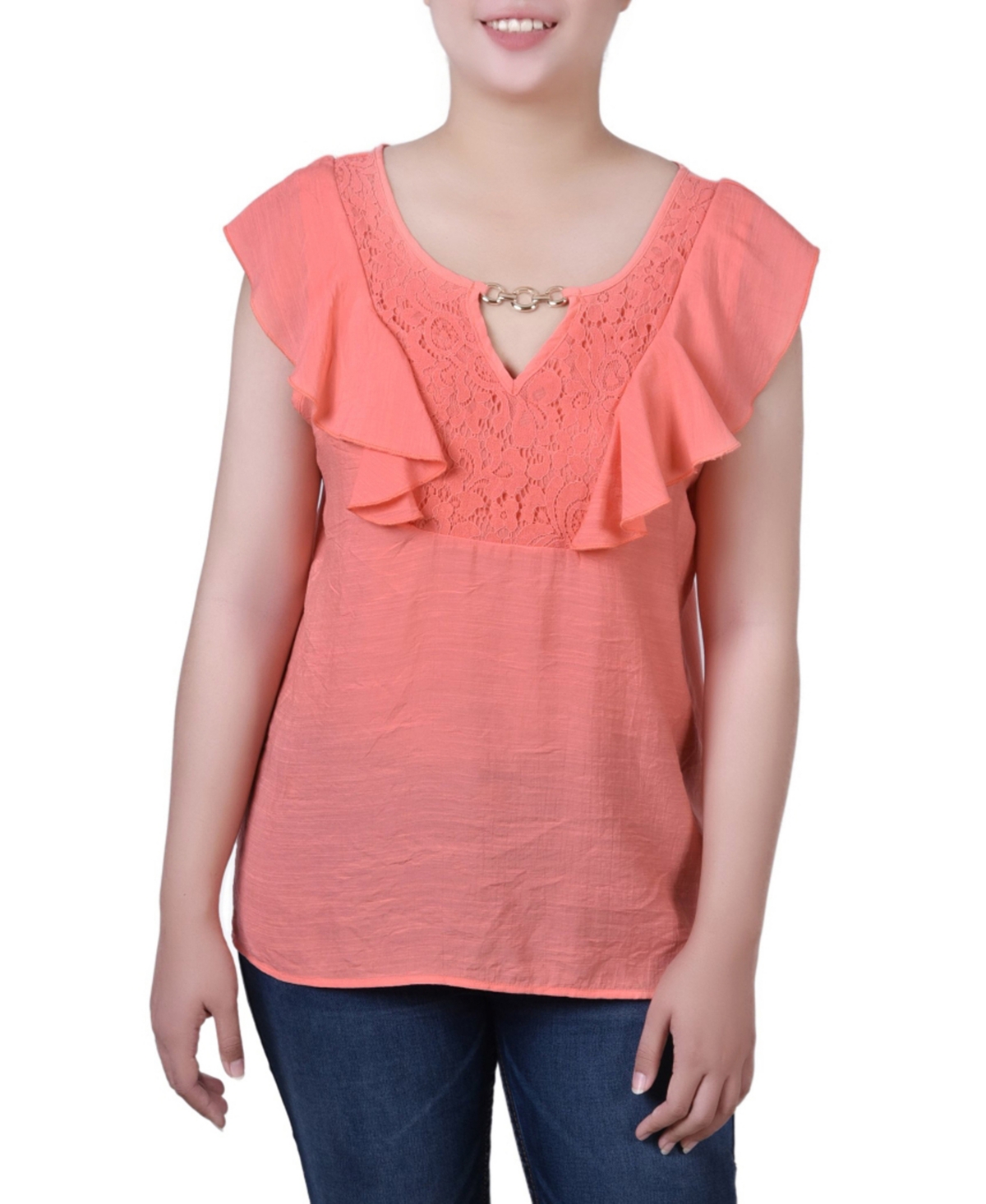 Click here for Petite Sleeveless Flutter Yoke Blouse - Peach prices