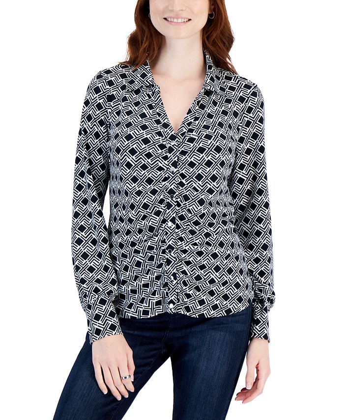 JPR Studio Women's Printed Ruched Button-Front Top - Macy's