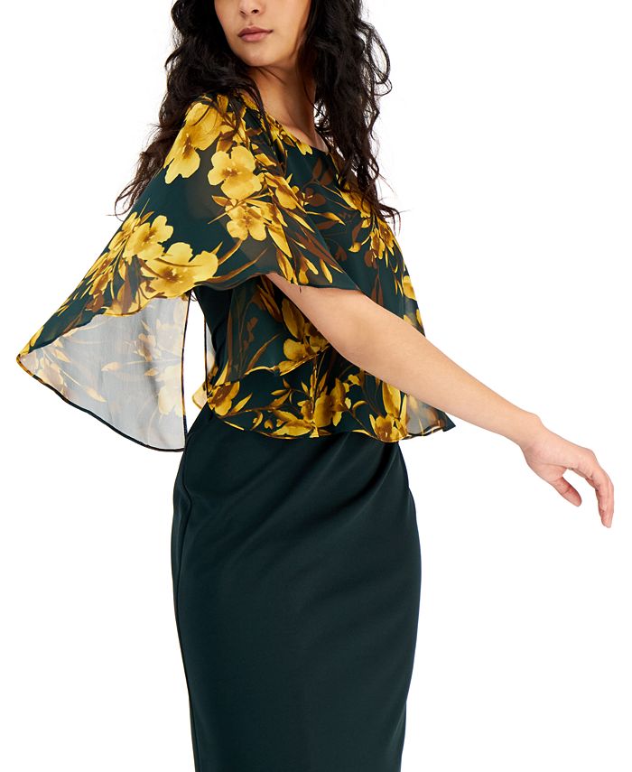 Connected Women's Floral-Print Cape-Overlay Dress - Macy's