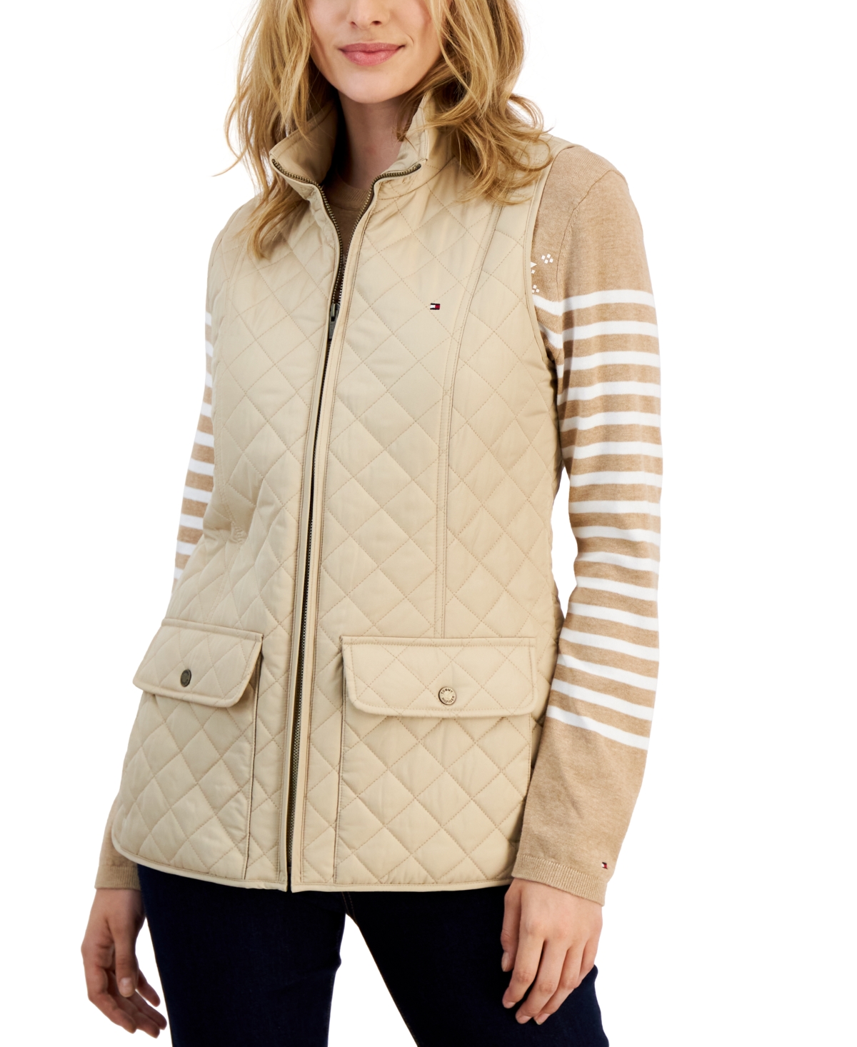 Click here for Tommy Hilfiger Womens Quilted Zip Front Vest - Kha... prices