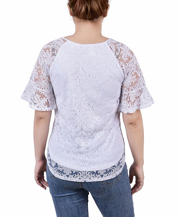 NY Collection Petite Short Bell Sleeve Lace Blouse - Macy's