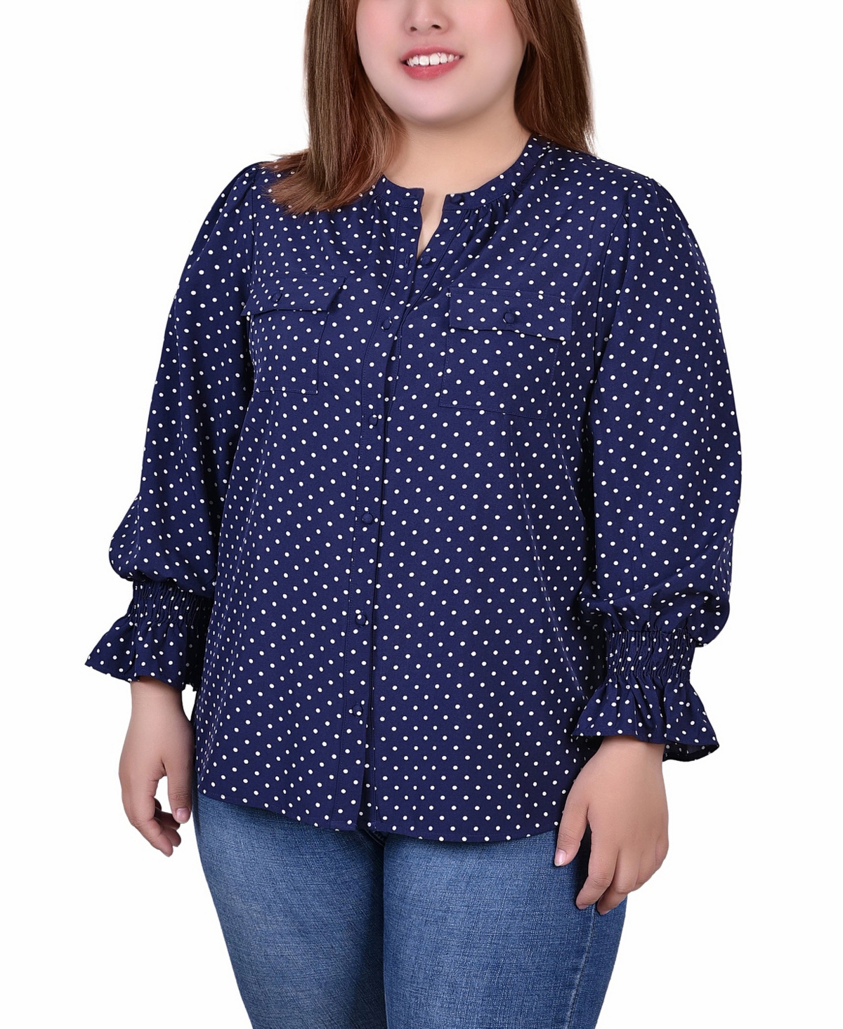 Ny Collection Plus Size Long Sleeve Y Neck Blouse - Navy White Dot